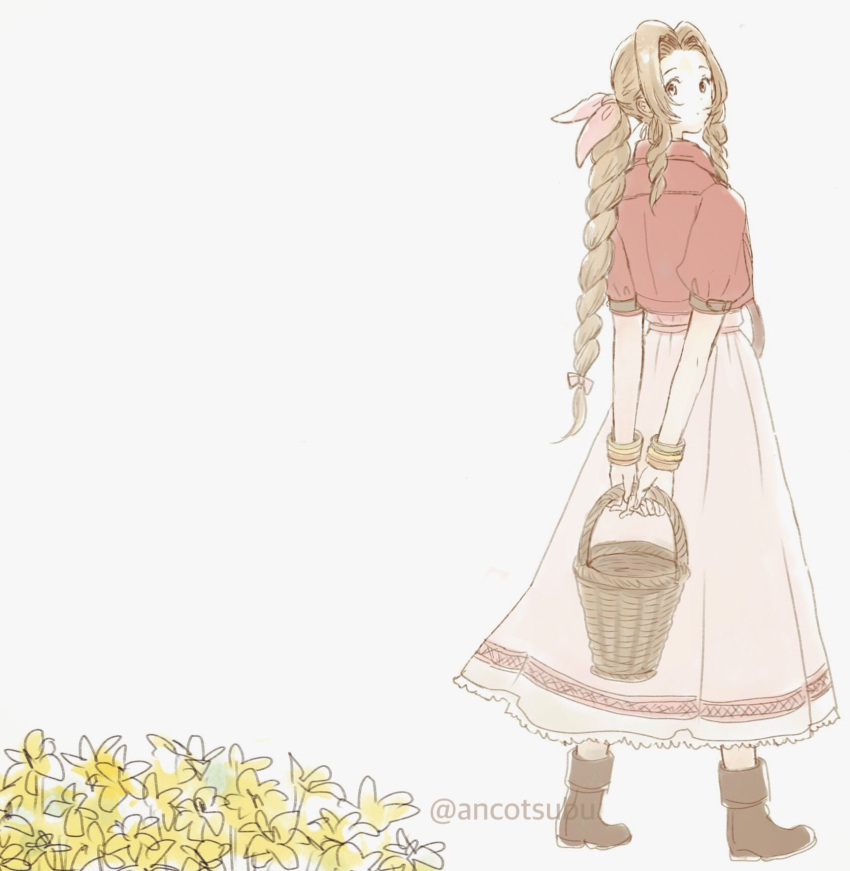 Safebooru - 1girl aerith gainsborough ancotsubu arms behind back bangle bangs basket boots ...