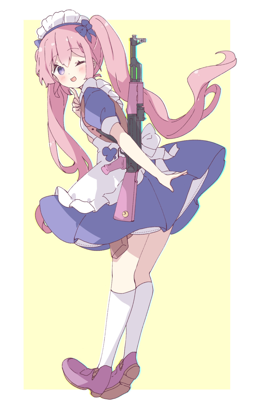 Safebooru - 1girl ;d absurdres ak-47 apron assault rifle bangs blue dress blush dress frilled ...