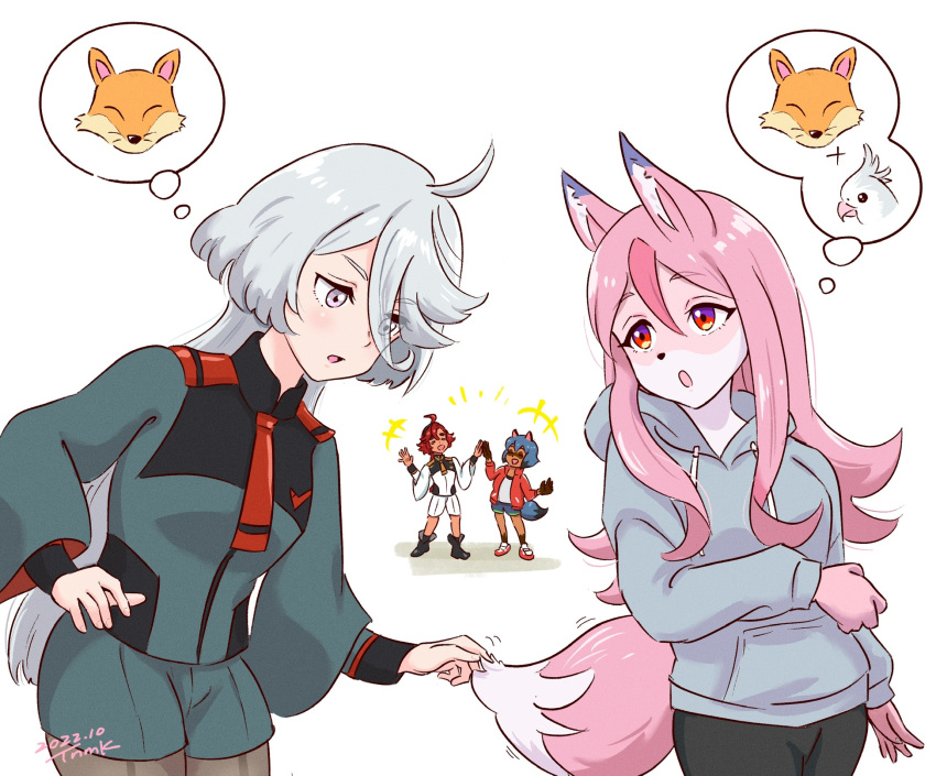 Safebooru - +++ 4girls :o ahoge animal ears animal nose bird black footwear black hairband black ...