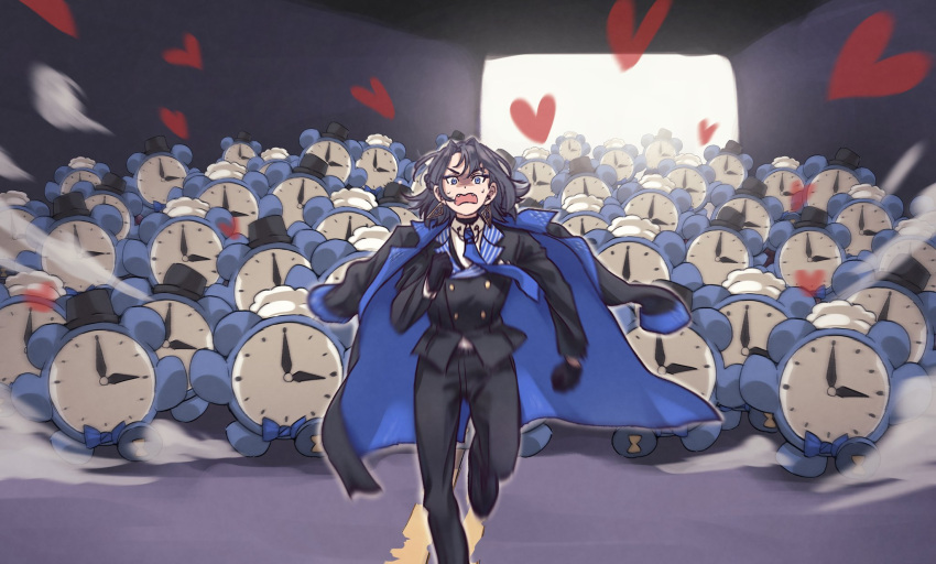 Safebooru - 1girl black gloves black hair blue eyes brmameng clock coat ...