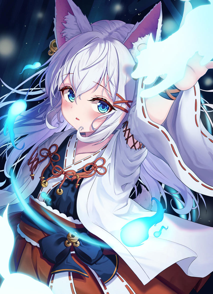 Safebooru - 1girl absurdres animal ear fluff animal ears arm up bangs bell black bow blue eyes ...