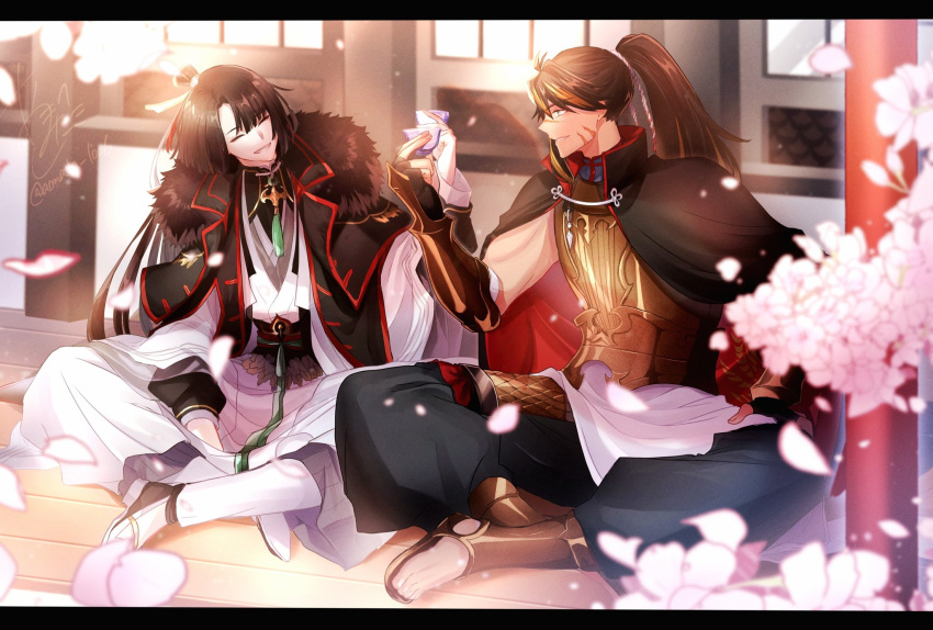 Safebooru - 2boys amata1006 black hair cape cherry blossoms cup fate ...