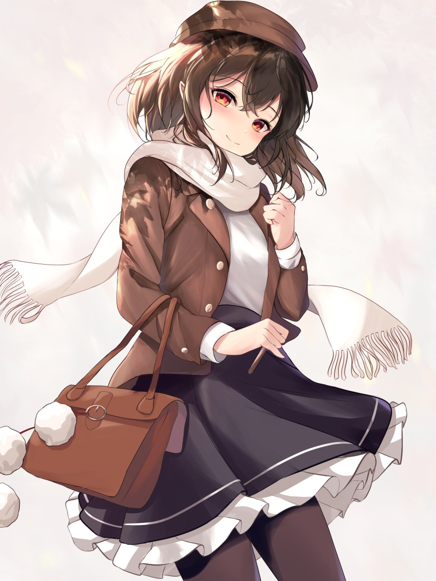 Safebooru - 1girl bag black skirt brown coat brown hair coat handbag hat highres looking at ...
