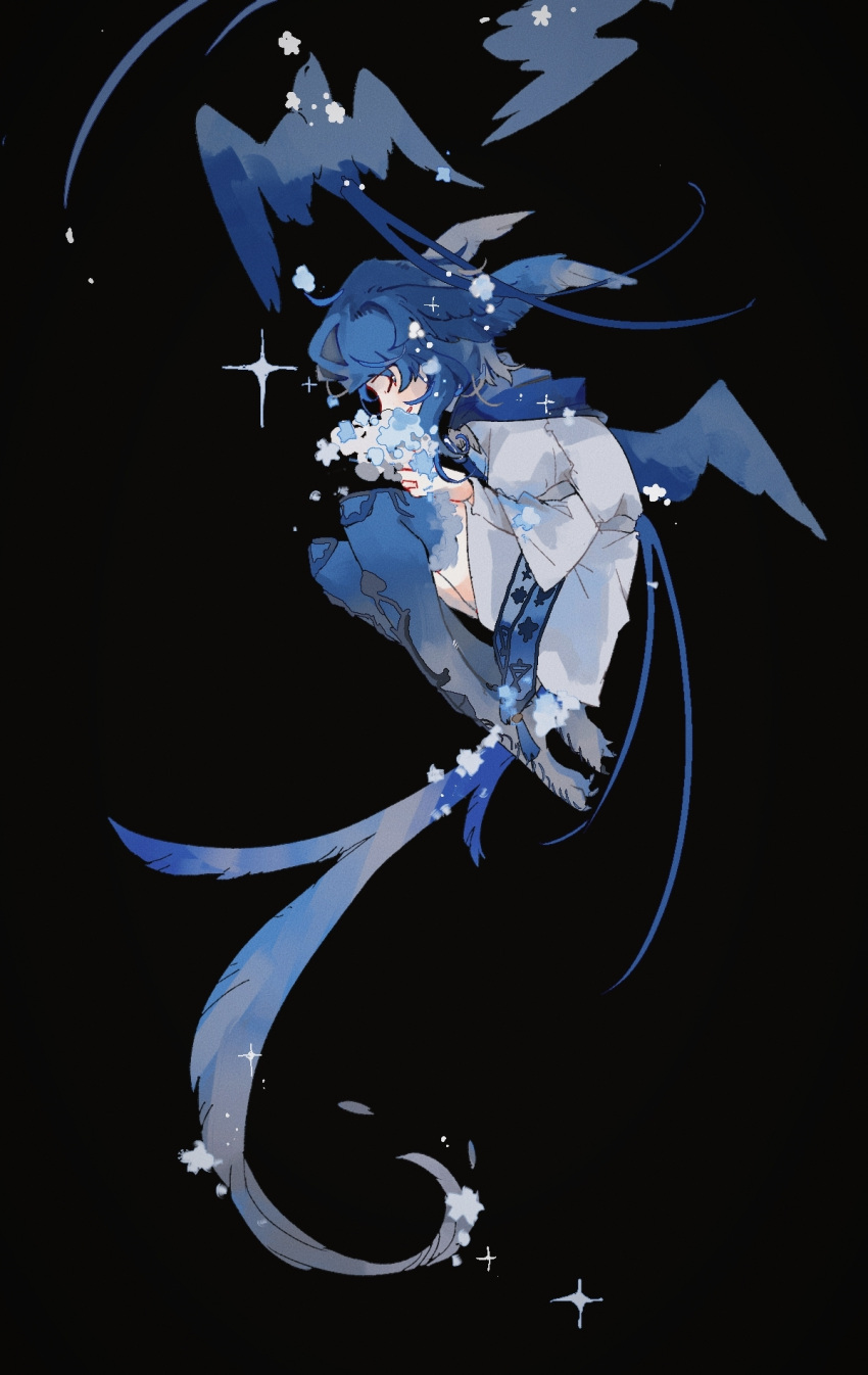 Safebooru - 1girl bangs bird bird girl bird legs bird tail bird wings black background blue bird ...