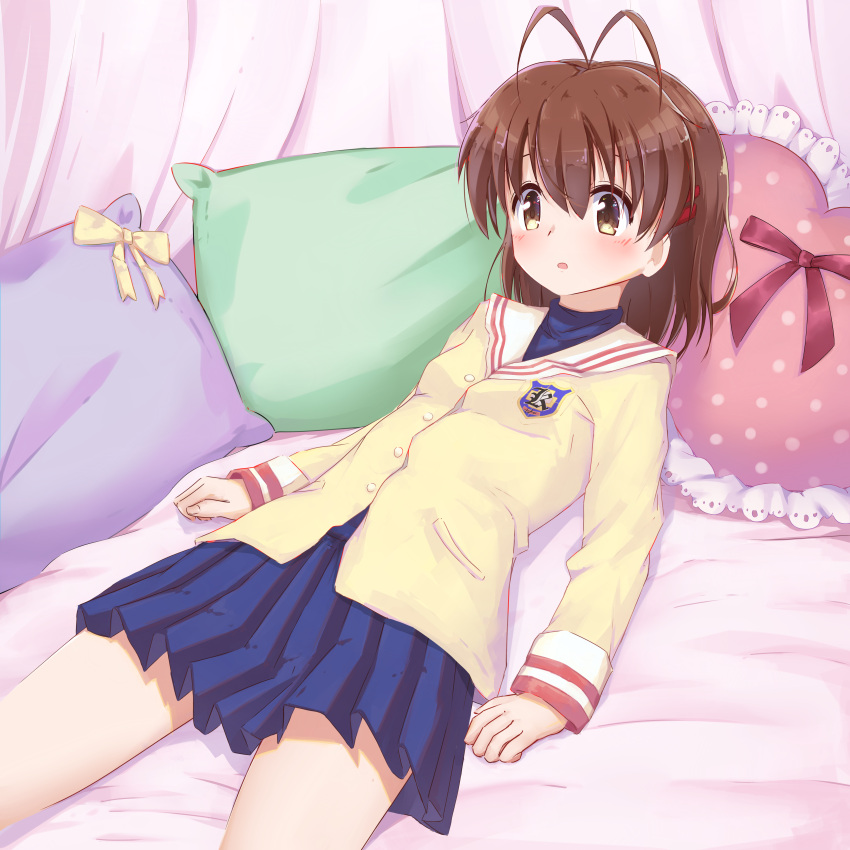 Safebooru - 1girl antenna hair blue skirt blush brown eyes brown hair clannad frilled pillow ...