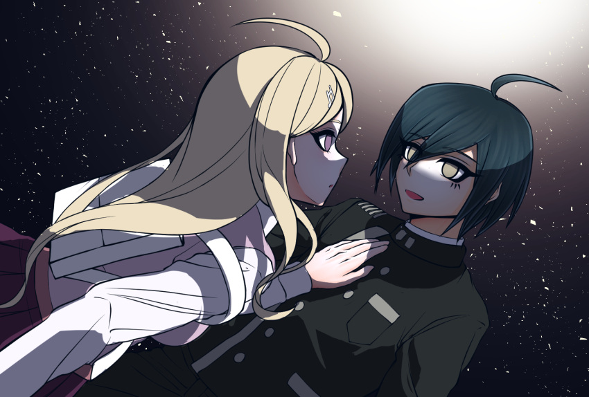 Safebooru - 1boy 1girl :d ahoge akamatsu kaede backpack bag bangs black background black jacket ...