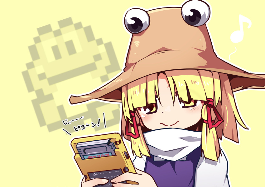 Safebooru - 1girl absurdres bangs blonde hair blunt bangs brown headwear closed mouth frog game ...