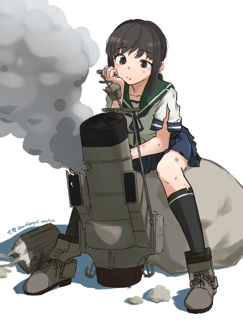 Safebooru - 1girl absurdres adapted turret black eyes black hair blue sailor collar cannon ...