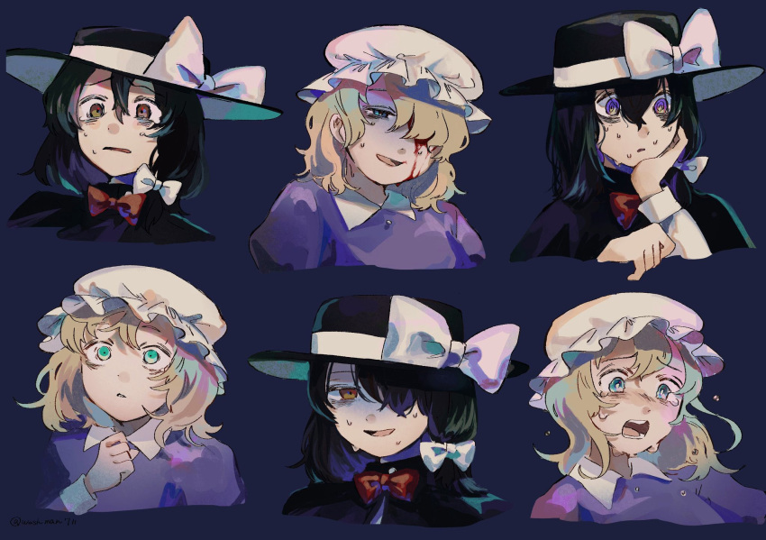 Safebooru - 2girls black headwear blonde hair blood blood on face blue background brown hair ...