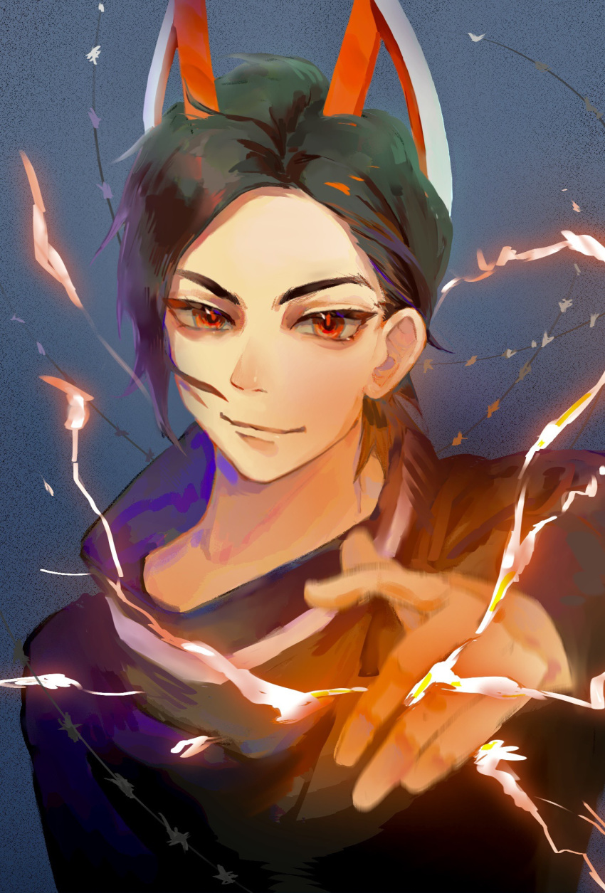 Safebooru - 1boy animal ears backlighting black hair black shirt blue background blue jacket ...