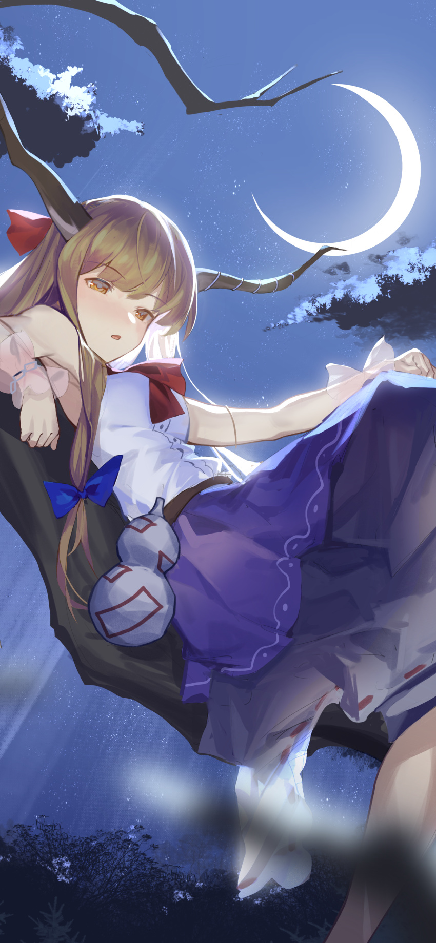 Safebooru - 1girl absurdres bangs blonde hair bow crescent moon feet out of frame forest gourd ...