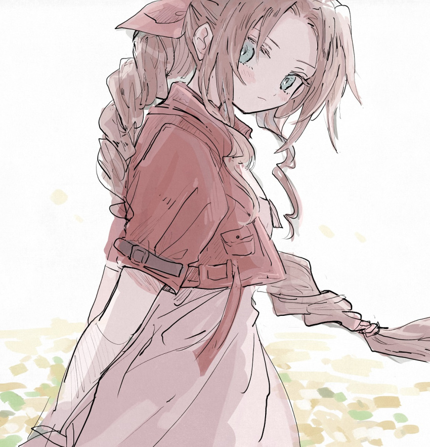 Safebooru - aerith gainsborough arms behind back bangs blush braid braided ponytail brown hair ...