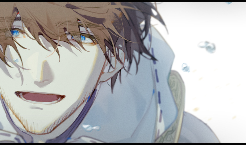 Safebooru - 1boy :d adventurer (ff14) armor blue eyes brown hair close-up facial hair final ...