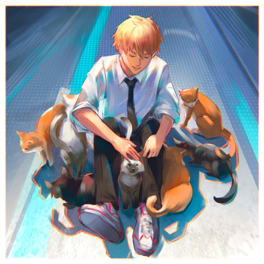 Safebooru - 1boy animal bangs black necktie black pants blonde hair cat chainsaw man closed eyes ...