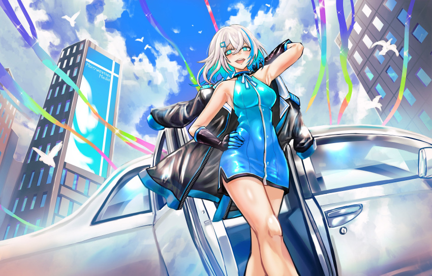 Safebooru - 1girl black gloves blue dress blue eyes blue hair blue sky breasts bright pupils ...