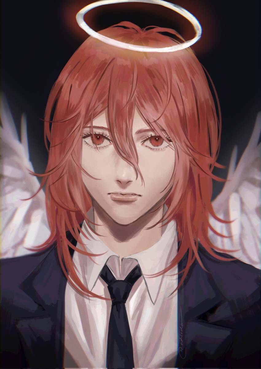 Safebooru - 1boy androgynous angel devil (chainsaw man) angel wings black background black ...