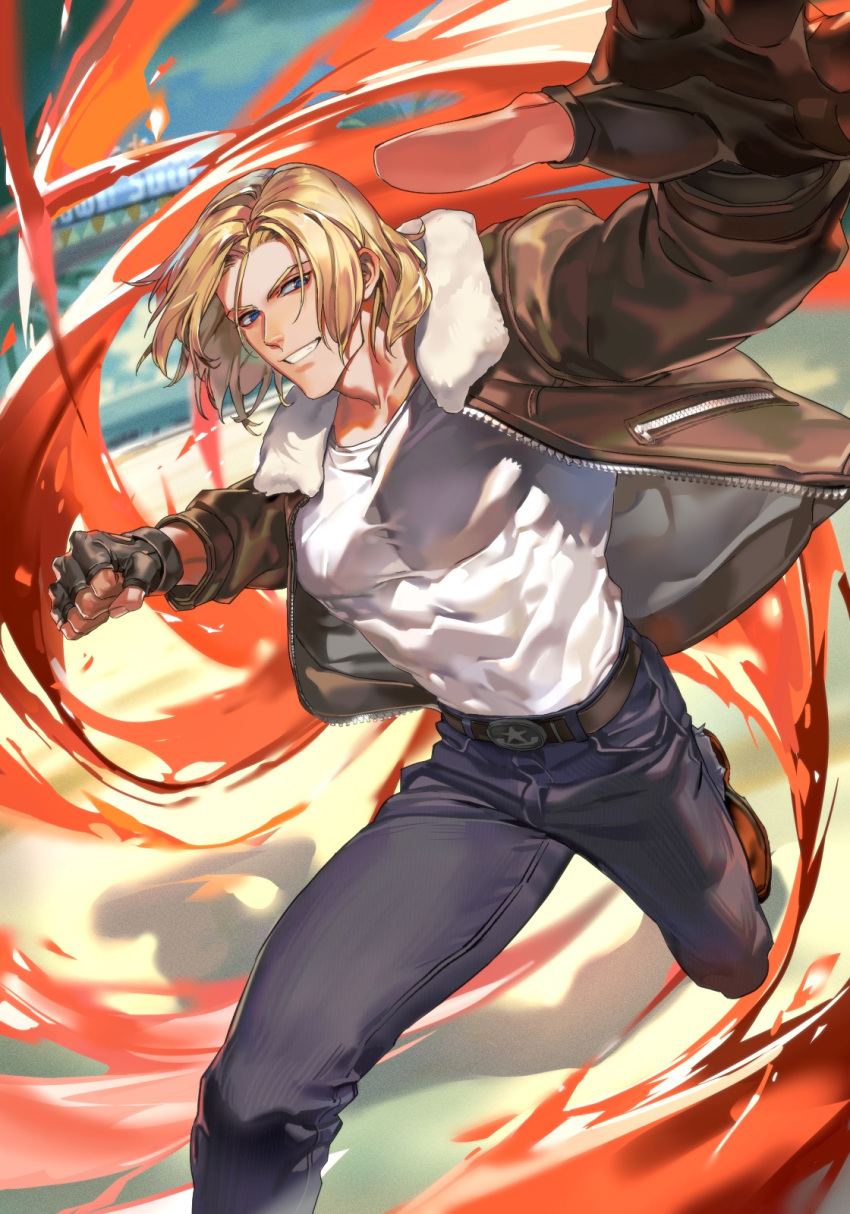 Safebooru - 1boy black gloves black pants blonde hair blue eyes brown jacket fatal fury ...