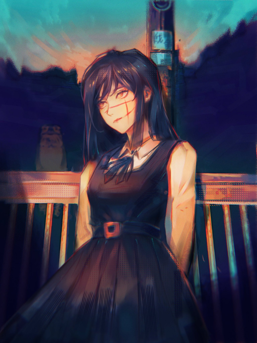 Safebooru - 1girl arms behind back bangs belt bird black dress black hair chainsaw man collared ...