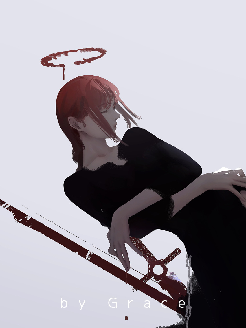 Safebooru - 1girl absurdres artist name black dress blood blood halo chainsaw man closed eyes ...
