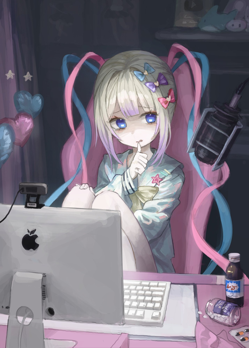 Safebooru - 1girl balloon bare legs biting biting own thumb blue bow ...