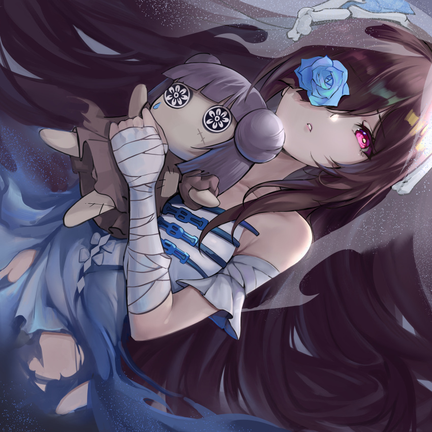 Safebooru - 1girl absurdres bandaged arm bandages blue dress blue flower blue rose bridal veil ...