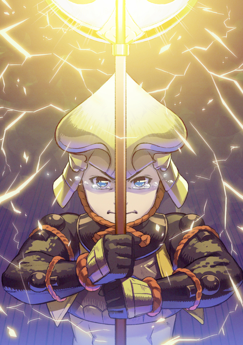 Safebooru - 1boy :| abs armor blue eyes closed mouth crying crying with ...