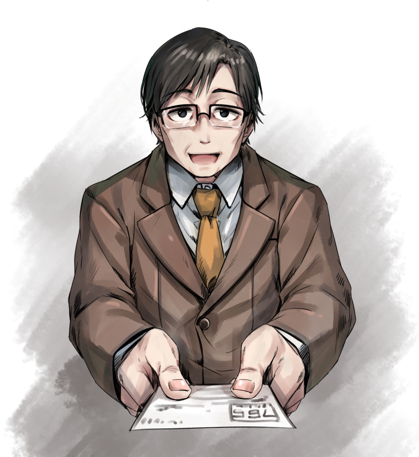 Safebooru - 1boy absurdres black hair brown suit business card collared shirt cropped torso ...