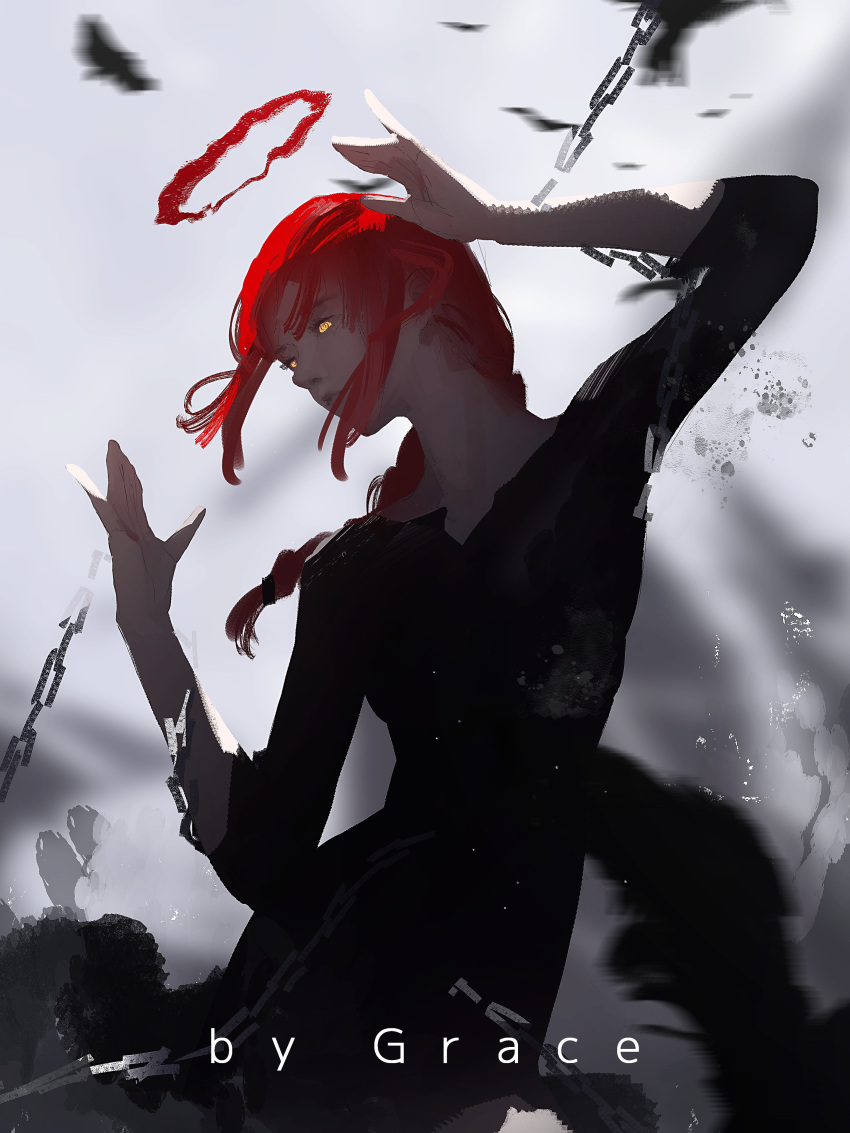 Safebooru - 1girl absurdres artist name bird black dress blood blood halo braid chain chainsaw ...