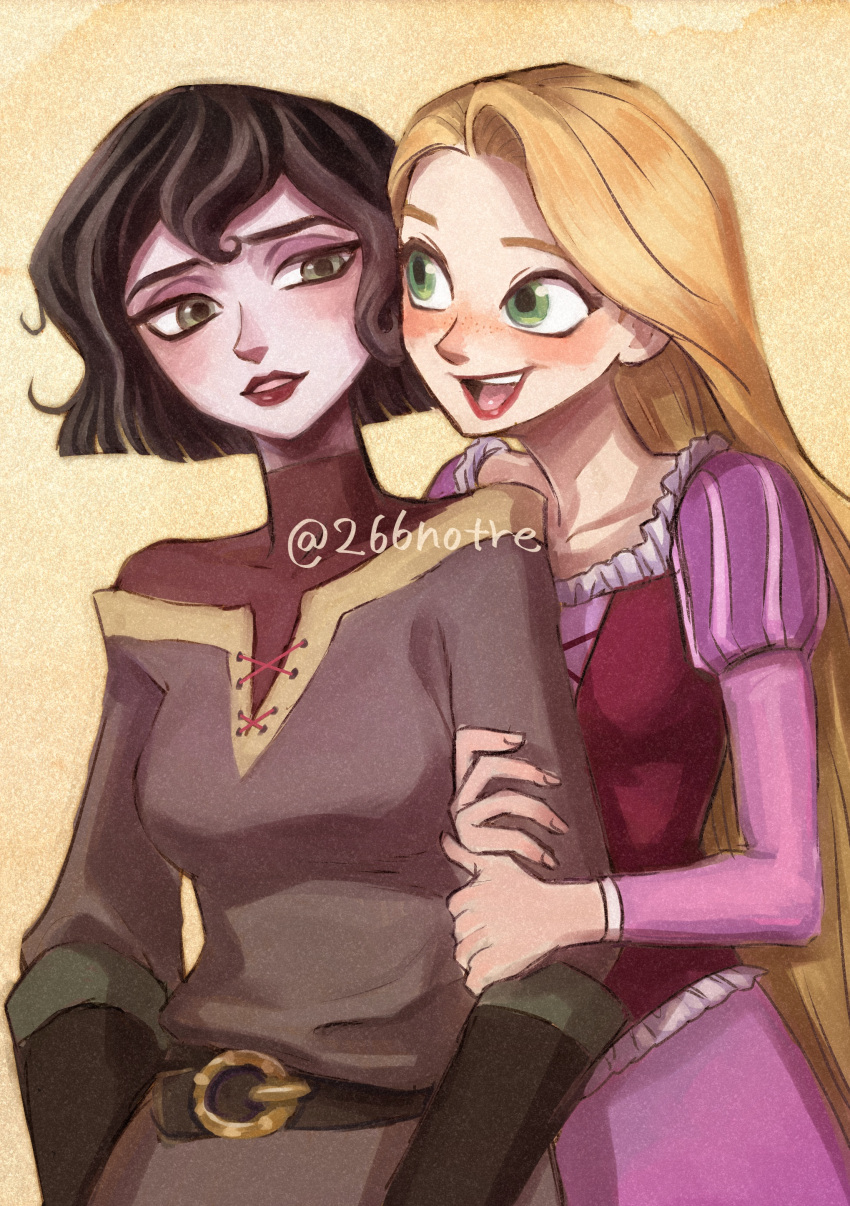 Safebooru - 266notre 2girls absurdres arm hug belt black hair blonde ...