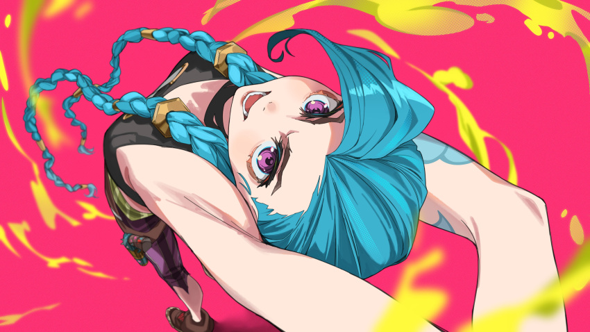 Safebooru - 1girl absurdres arm tattoo arms up bent back blue hair braid breasts crop top from ...
