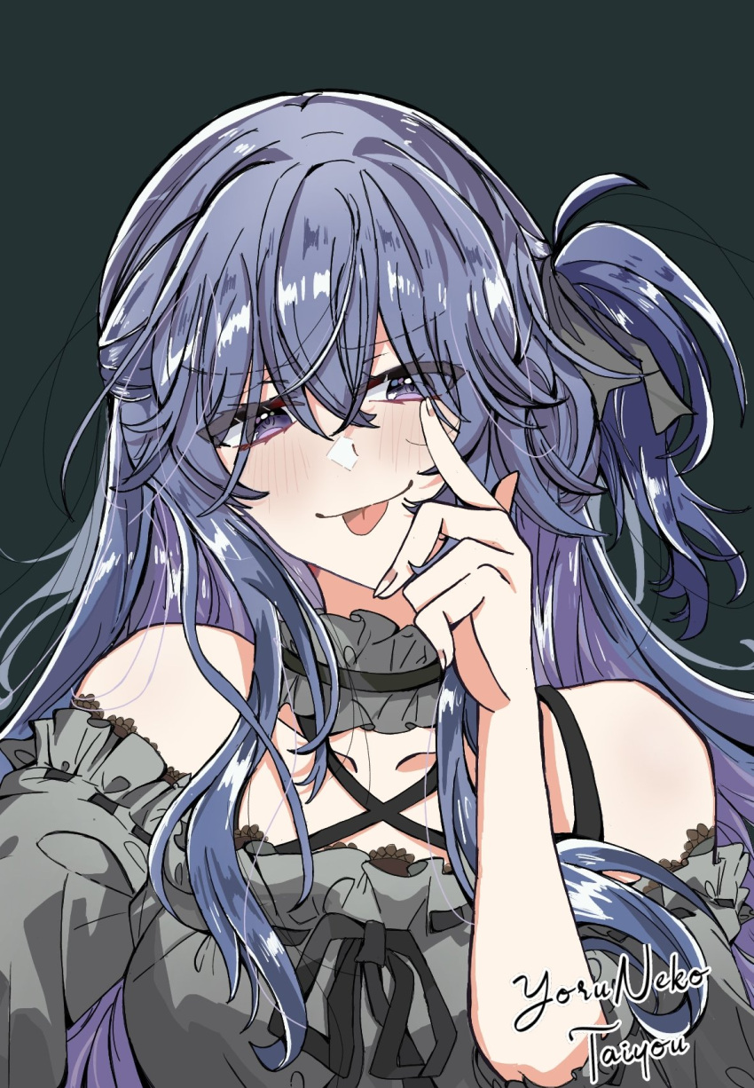 Safebooru - 1girl akanbe artist name black choker black ribbon blue eyes blue hair blush choker ...