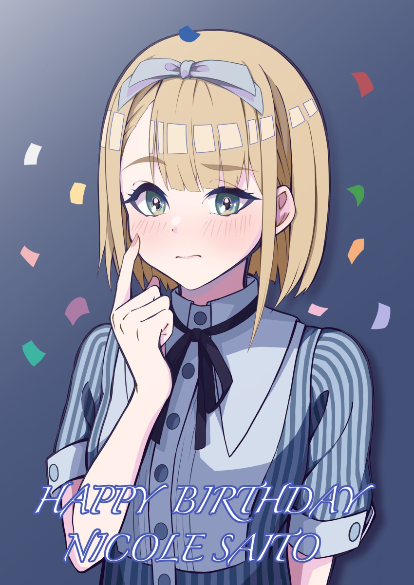 Safebooru - 1girl 22/7 asymmetrical bangs blonde hair blue background ...