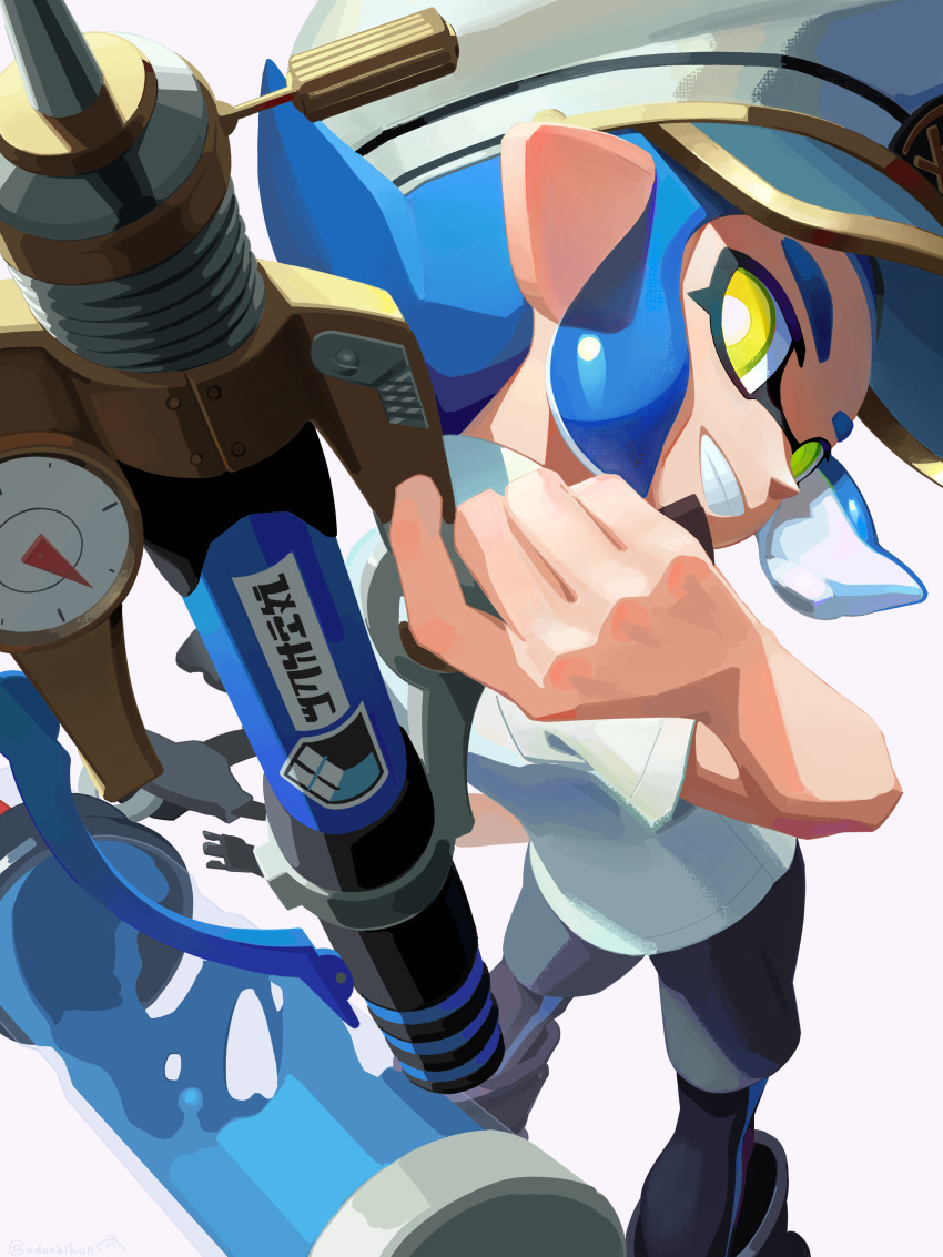 Safebooru - 1girl :d absurdres androgynous arm up black leggings blue ...