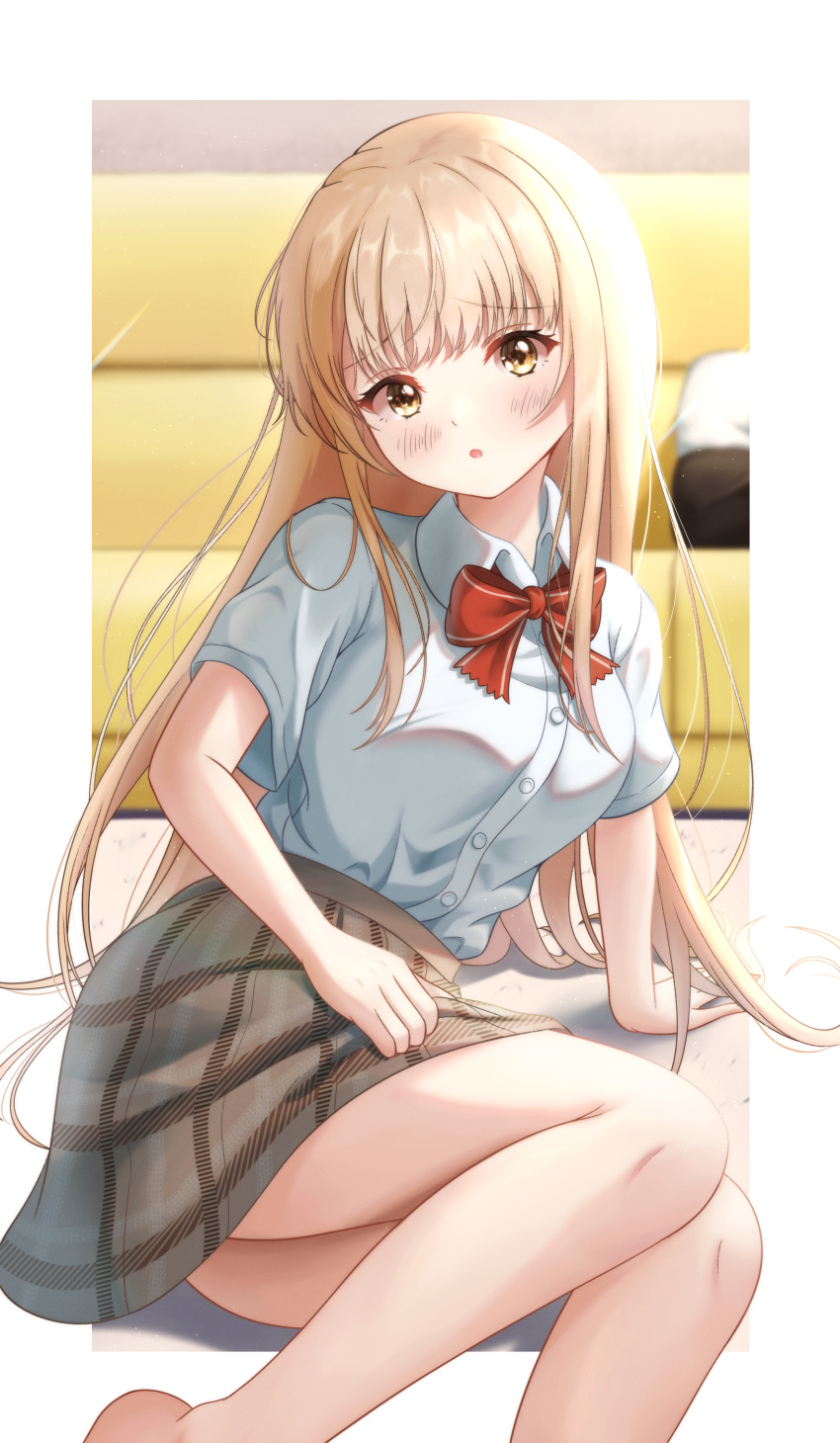 Safebooru - 1girl :o absurdres arm support barefoot blonde hair bow bowtie collared shirt feet ...