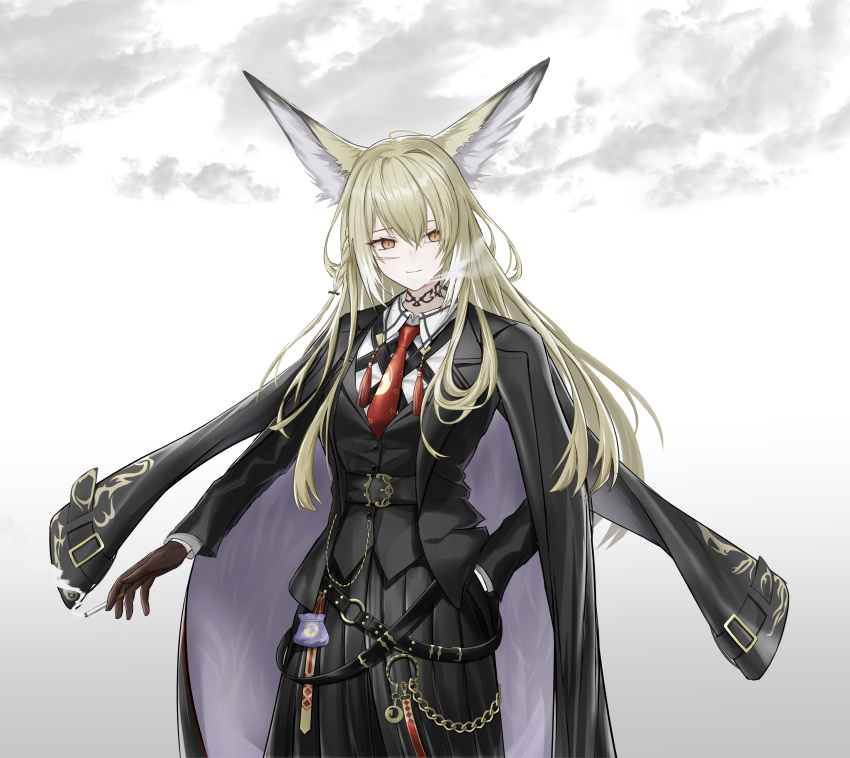 Safebooru - 1girl absurdres animal ears arknights belt between fingers black belt black coat ...