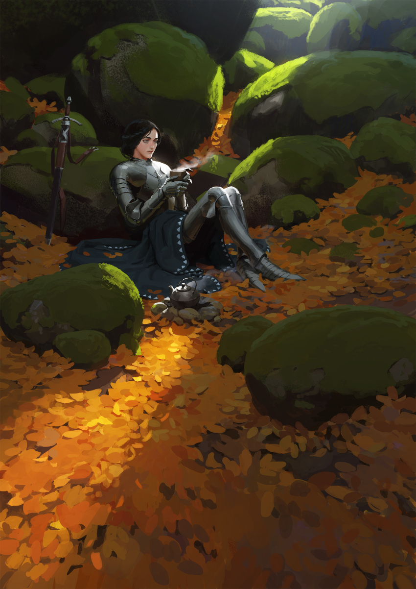 Safebooru - 1girl absurdres armor autumn autumn leaves axelsauerwald black hair commentary cup ...