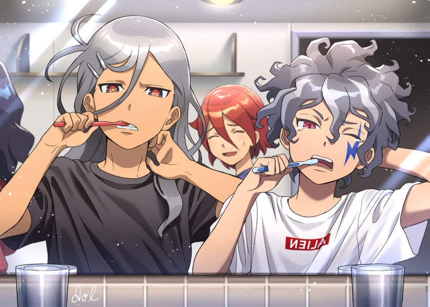 Safebooru - 3boys bathroom black eyes brushing teeth closed eyes ...