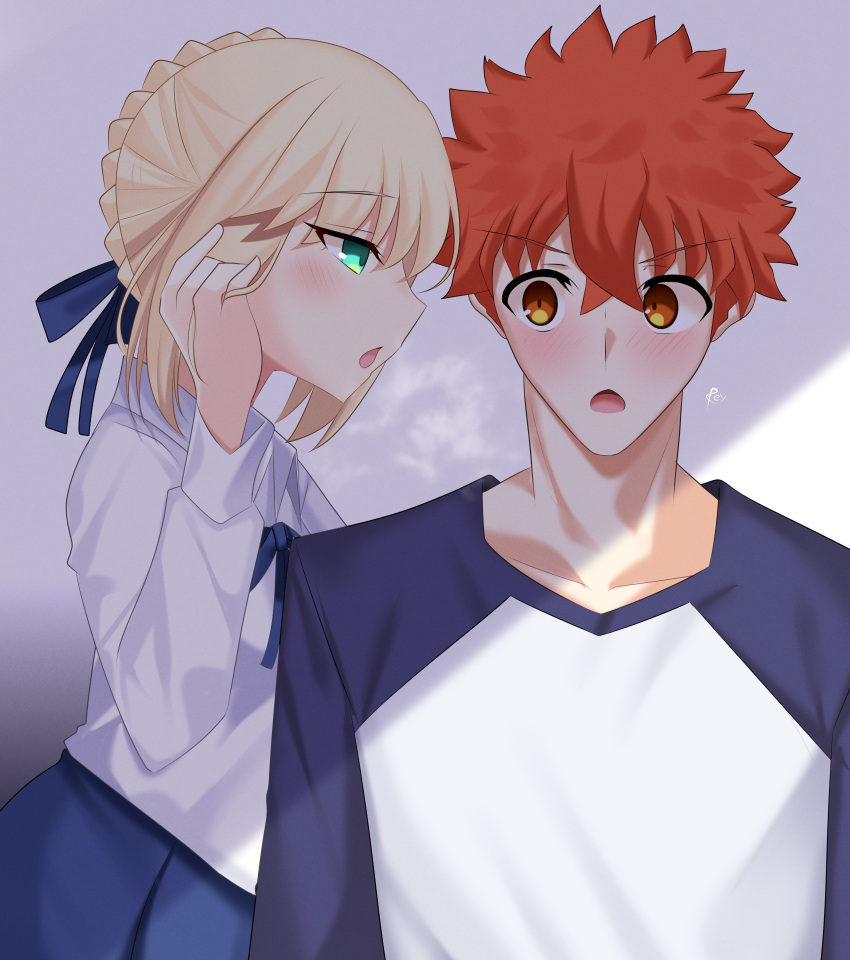 Safebooru - 1boy 1girl absurdres adjusting hair artoria pendragon (fate) blonde hair blouse blue ...
