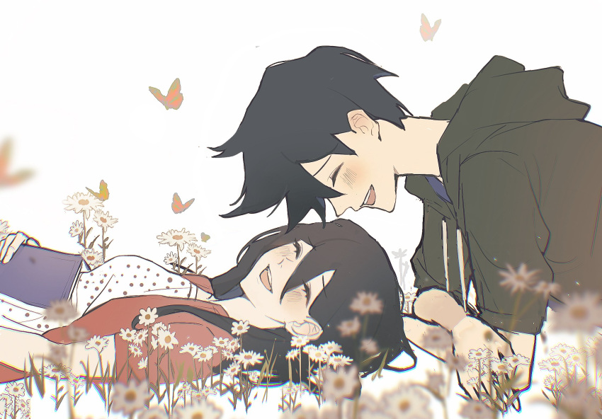 Safebooru - 1boy 1girl :d ^ ^ alternate hair color black hair black ...