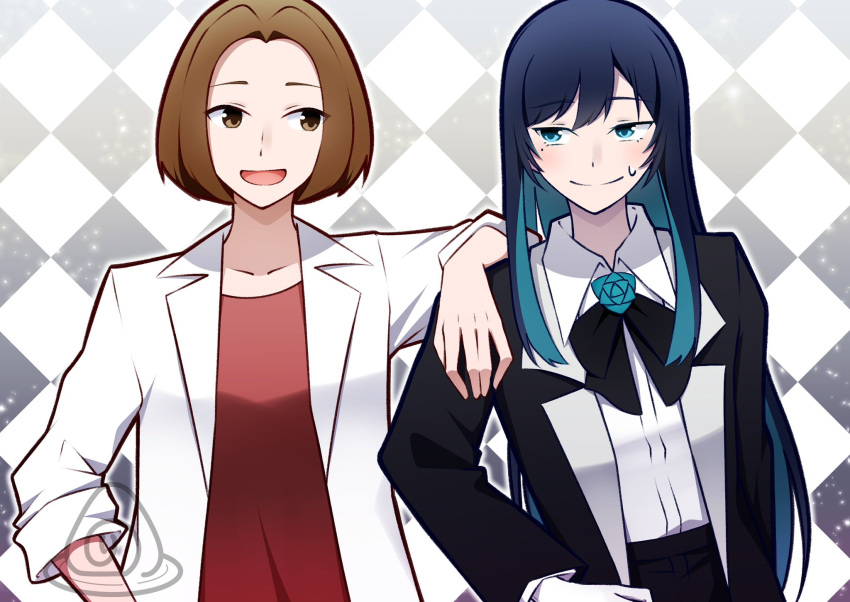 Safebooru - 2girls ado (utaite) black bow black bowtie black coat blue eyes blue flower blue ...