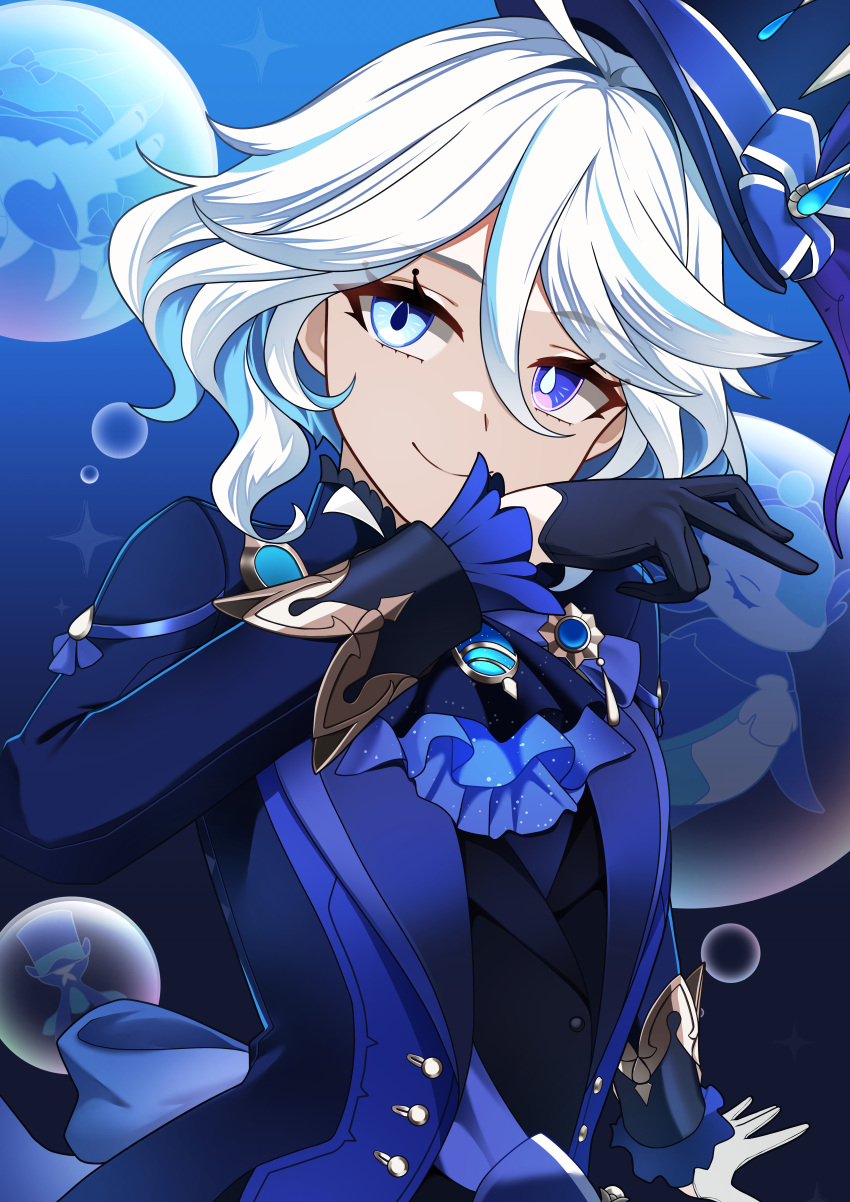 Safebooru - 1girl absurdres ascot asymmetrical gloves black jacket blue jacket bubble devilman ...