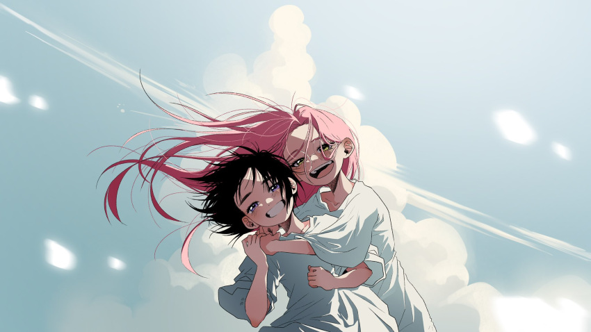 Safebooru - 2girls aged down alien stage black hair blue sky commentary dress floating hair ...