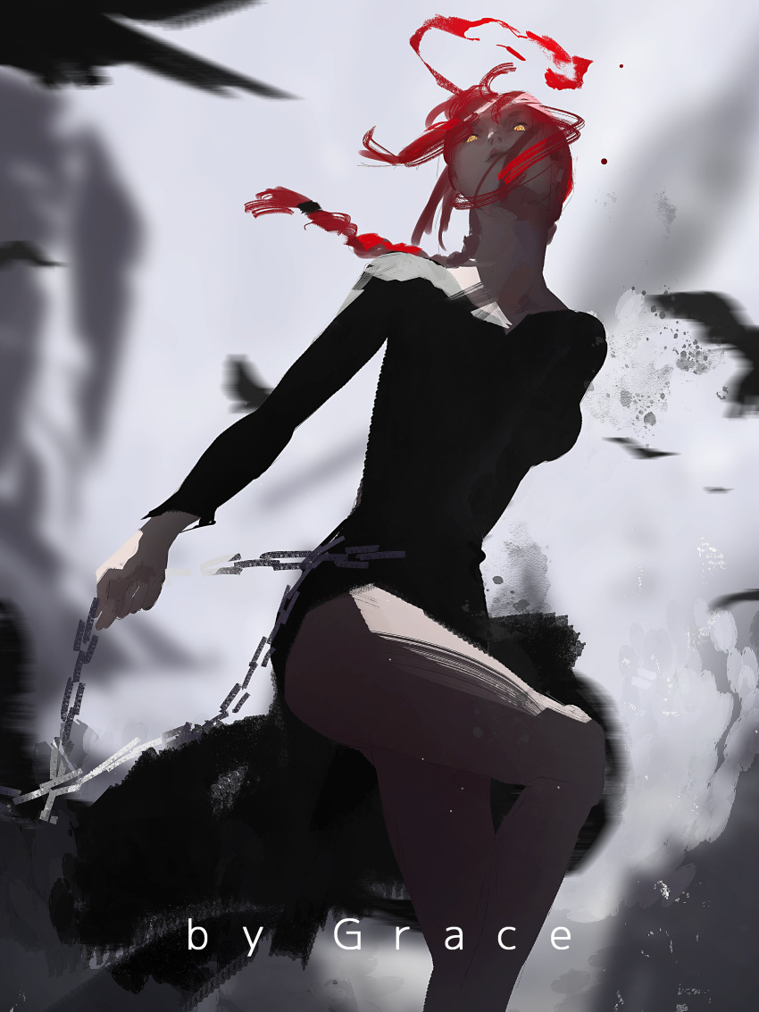 Safebooru - 1girl absurdres artist name bird black dress blood blood halo braid chain chainsaw ...