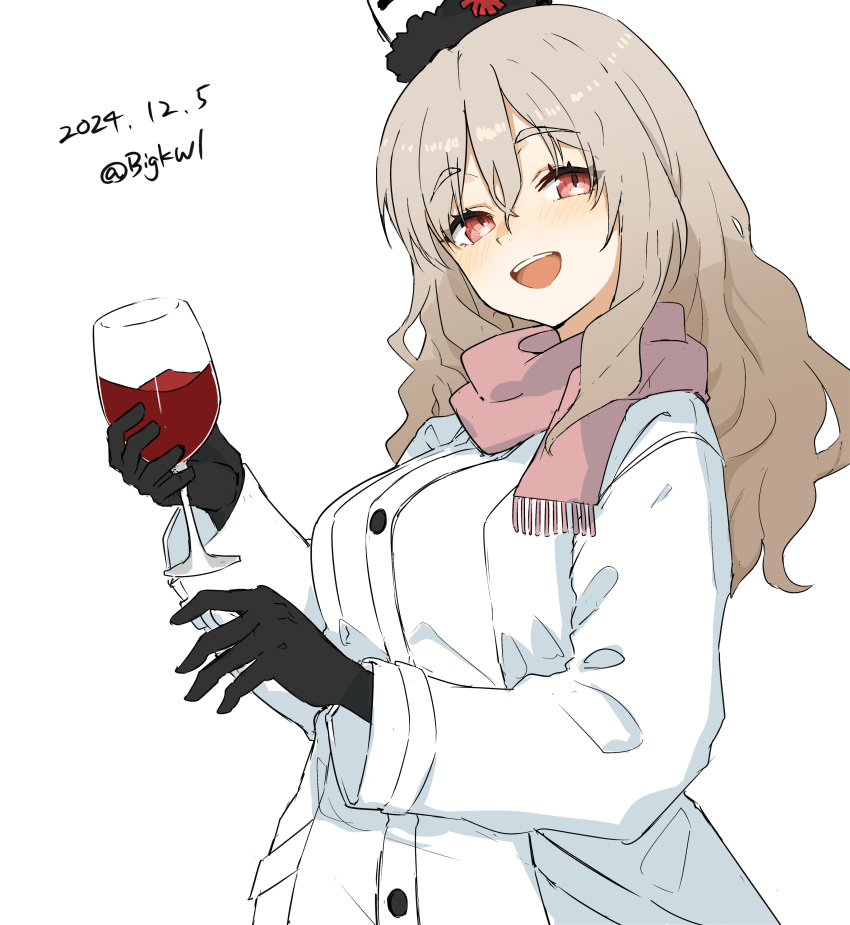 Safebooru 1girl Absurdres Alcohol Bigkwl Black Gloves Breasts Coat 1447