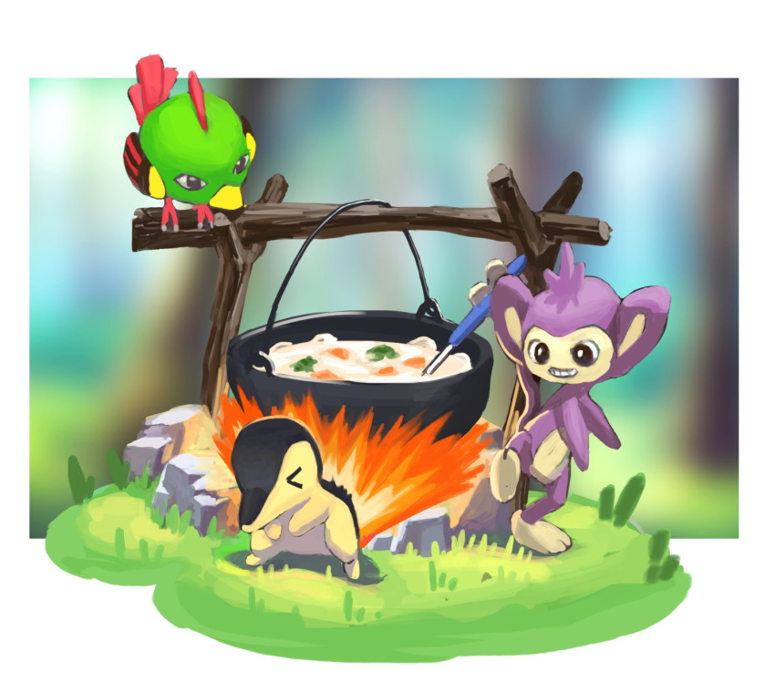 Safebooru - aipom campfire cooking cooking pot creature focus cyndaquil ...