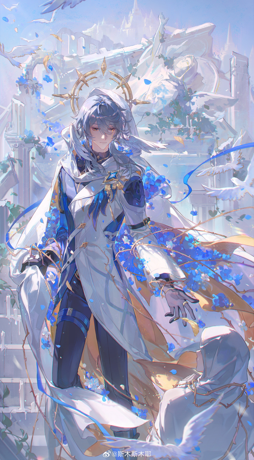 Safebooru - 1boy absurdres angel wings arm belt bare shoulders belt belt buckle bird black belt ...