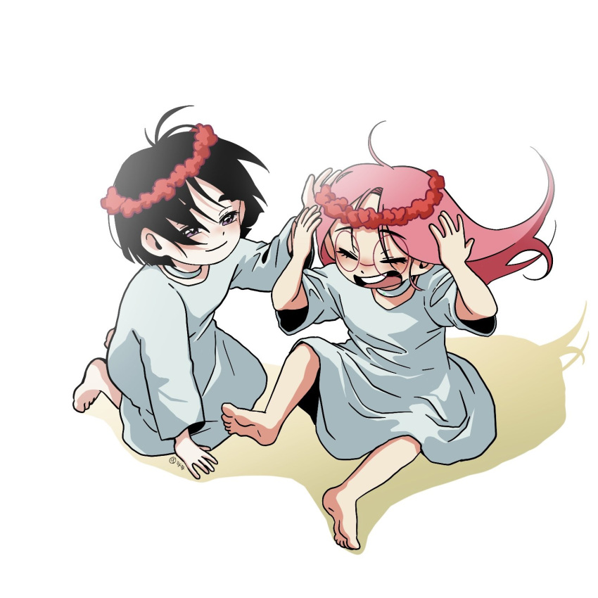 Safebooru - 2girls aged down alien stage barefoot black hair blush bob cut choker closed mouth ...
