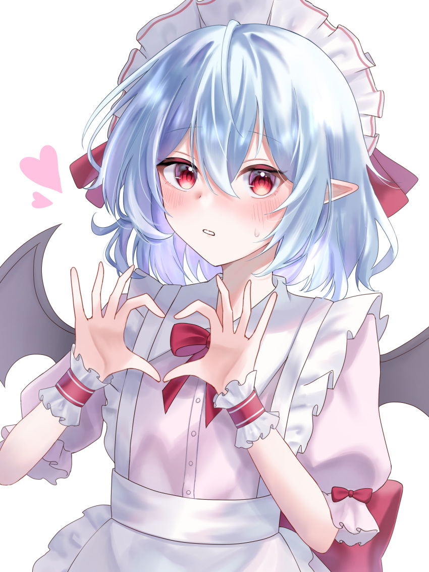 Safebooru - 1girl 4-finger heart hands absurdres alternate costume apron back bow bat wings blue ...
