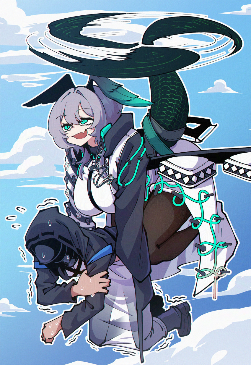Safebooru - 1girl 1other absurdres aqua eyes aqua wings arknights black coat black footwear ...