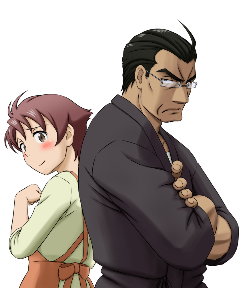 Safebooru - 1boy 1girl absurdres apron back-to-back black eyes black hair black robe breasts ...